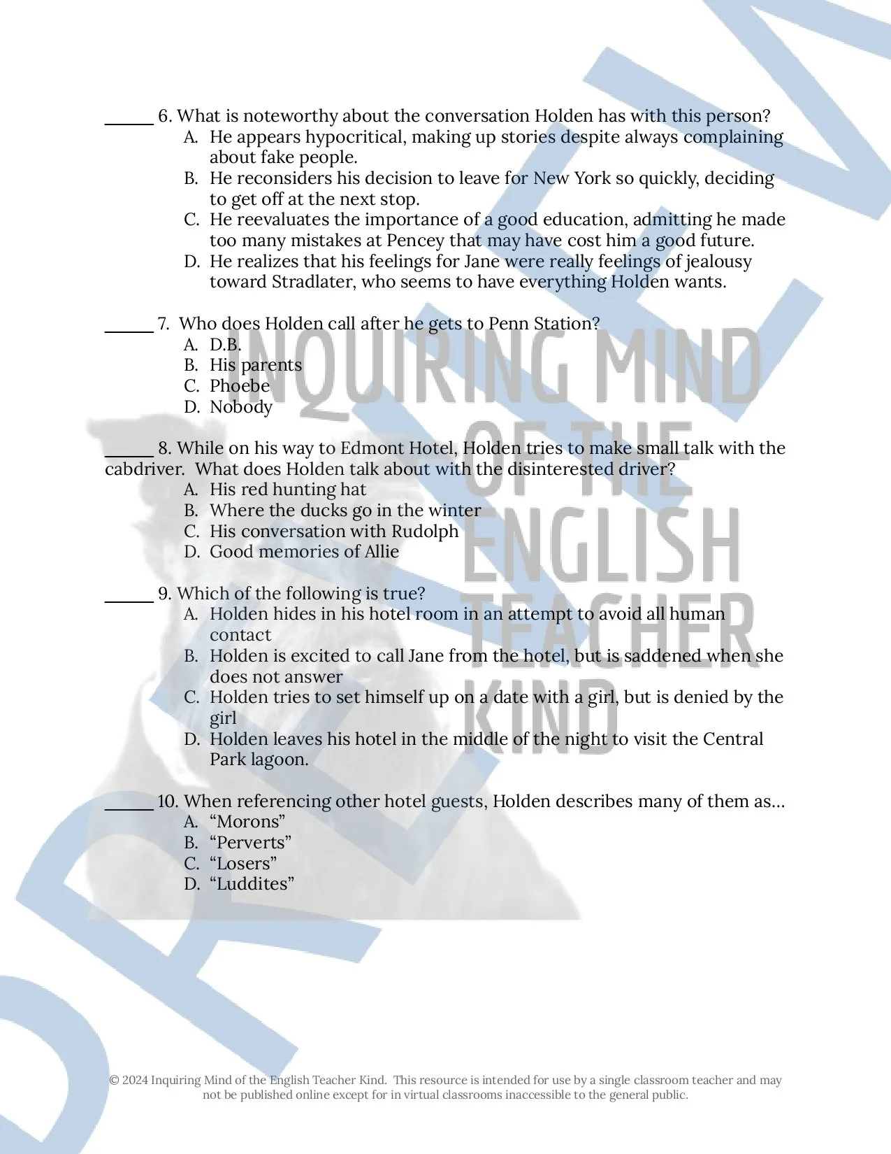 Catcher in the Rye Chapters 7, 8, and 9 Quiz and Close Reading ...