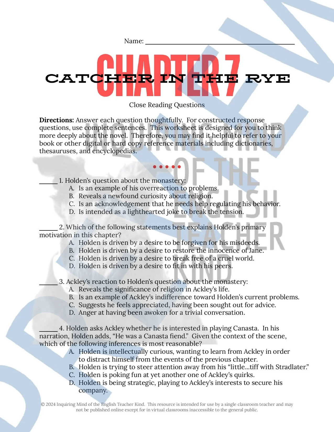 Catcher in the Rye Chapters 7, 8, and 9 Quiz and Close Reading ...