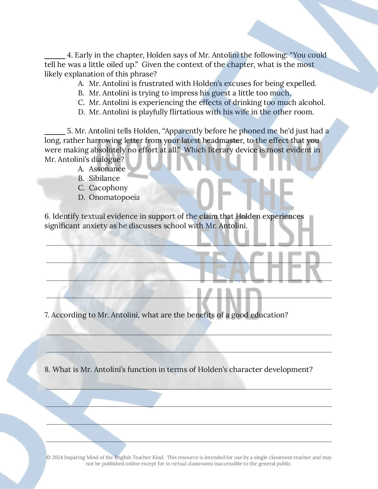 Catcher in the Rye Chapters 24, 25, and 26 Quizzes and Close Reading ...