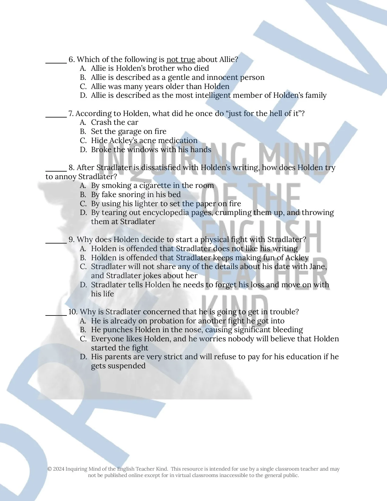 Catcher in the Rye Quiz and Answer Key Bundle for High School ...