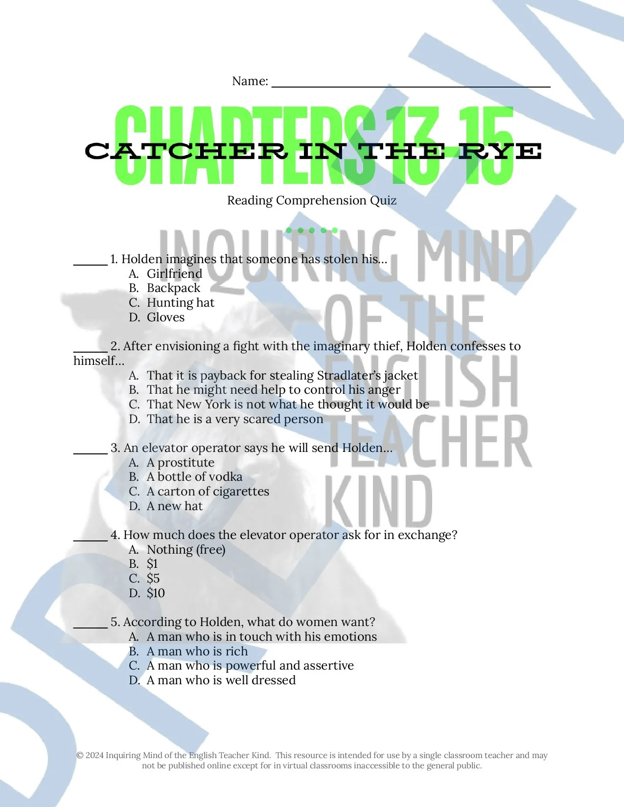 Catcher in the Rye Quiz and Answer Key Bundle for High School ...