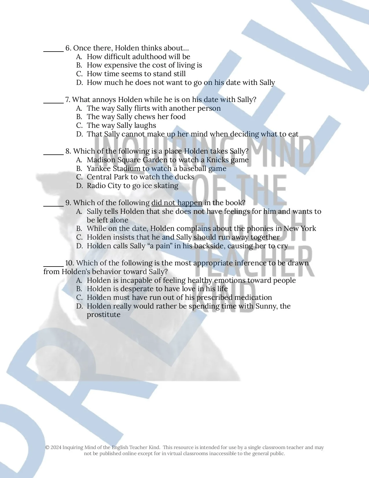 Catcher in the Rye Quiz and Answer Key Bundle for High School ...