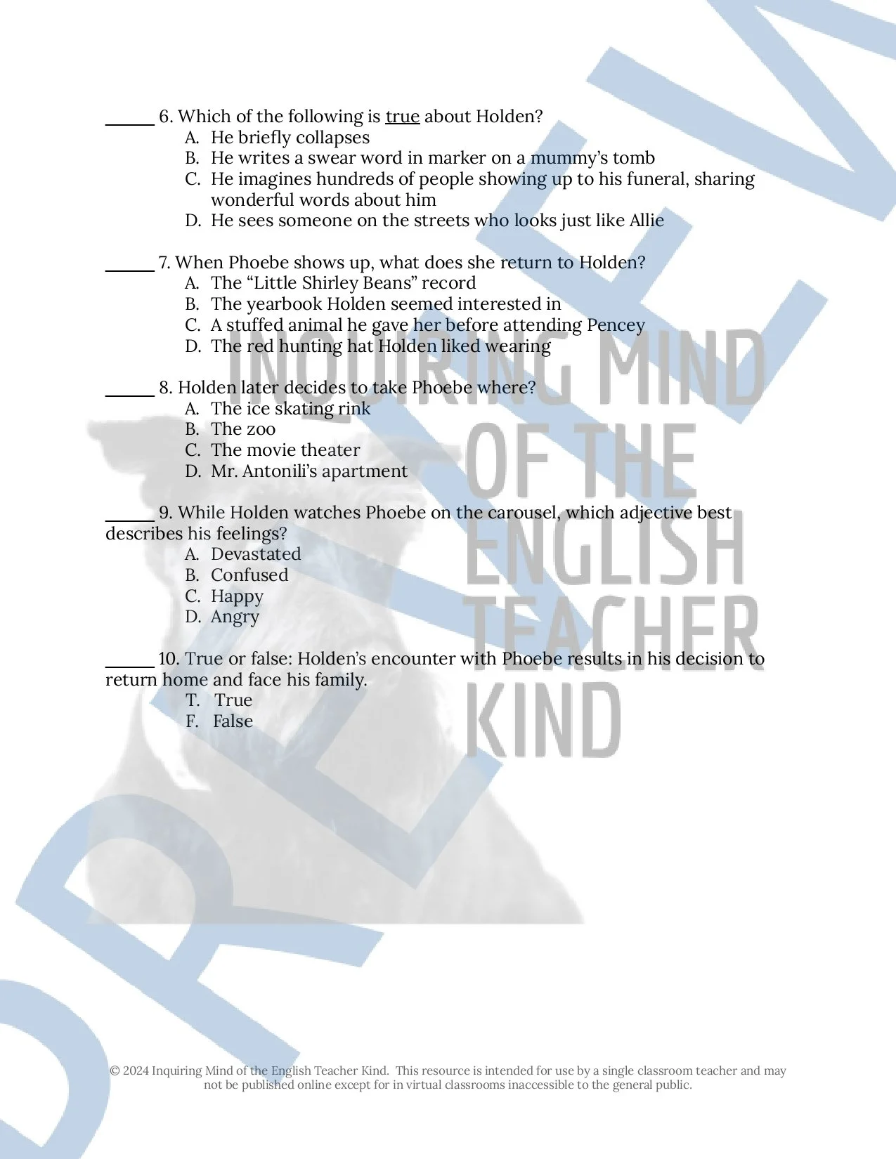 Catcher in the Rye Quiz and Answer Key Bundle for High School ...