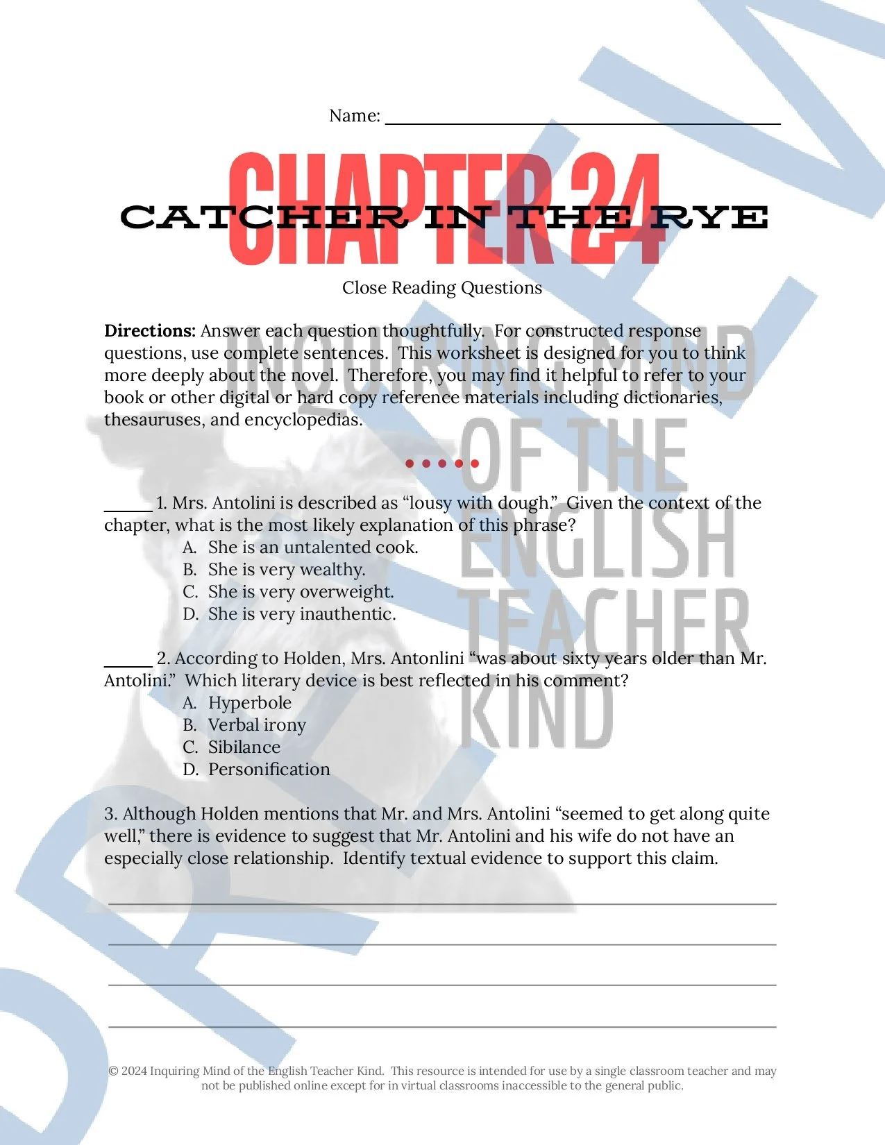 Catcher in the Rye Close Reading Analysis Worksheets Bundle with Answer ...