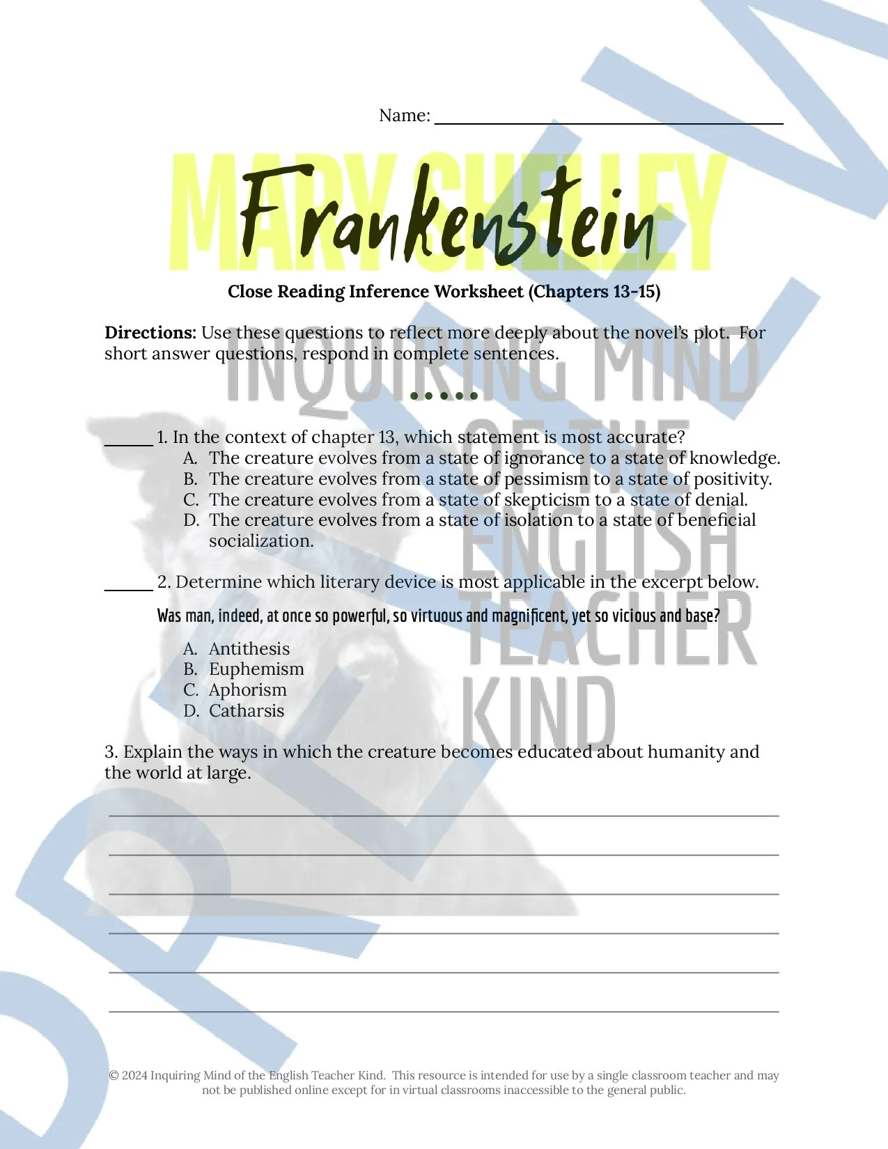 Frankenstein by Mary Shelley Chapters 13-15 Quiz, Close Reading ...