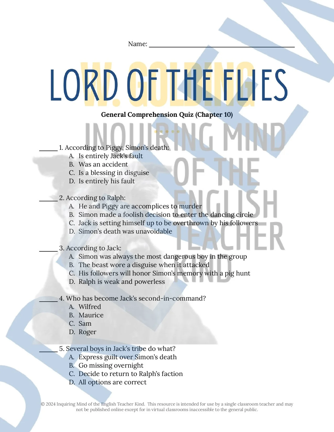 Lord of the Flies Chapter 10 Quiz, Close Reading, and Vocabulary ...