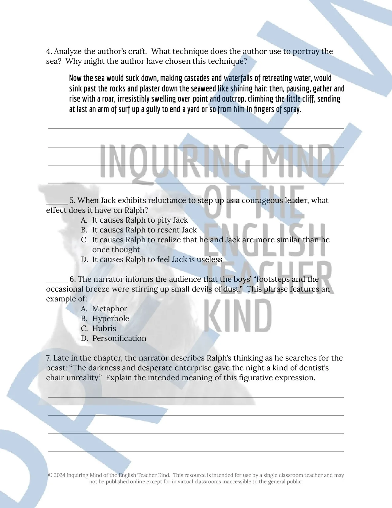 Lord of the Flies Chapter 7 Quiz, Close Reading, and Vocabulary ...