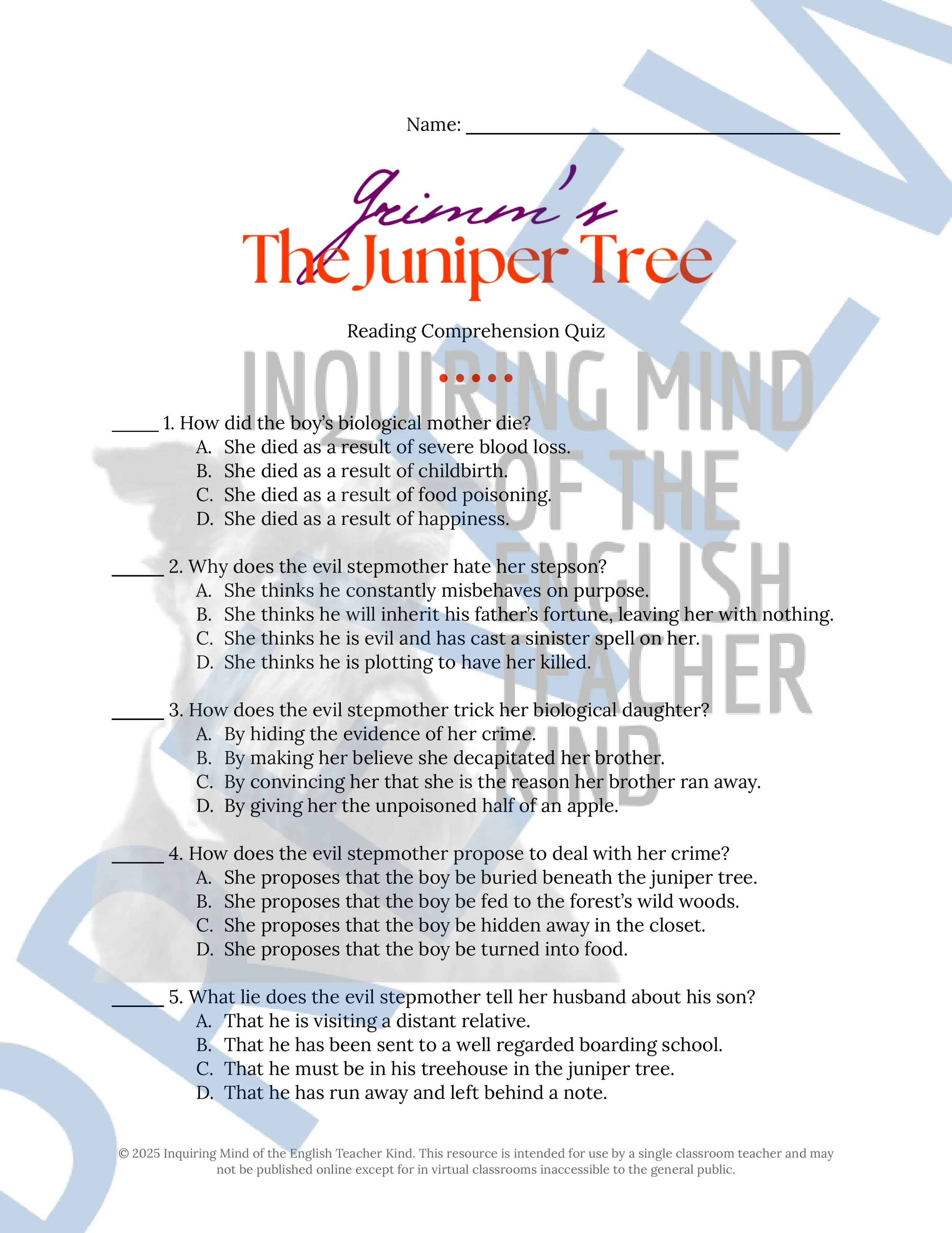 "The Juniper Tree" by the Brothers Grimm Quiz, Close Reading Worksheet ...