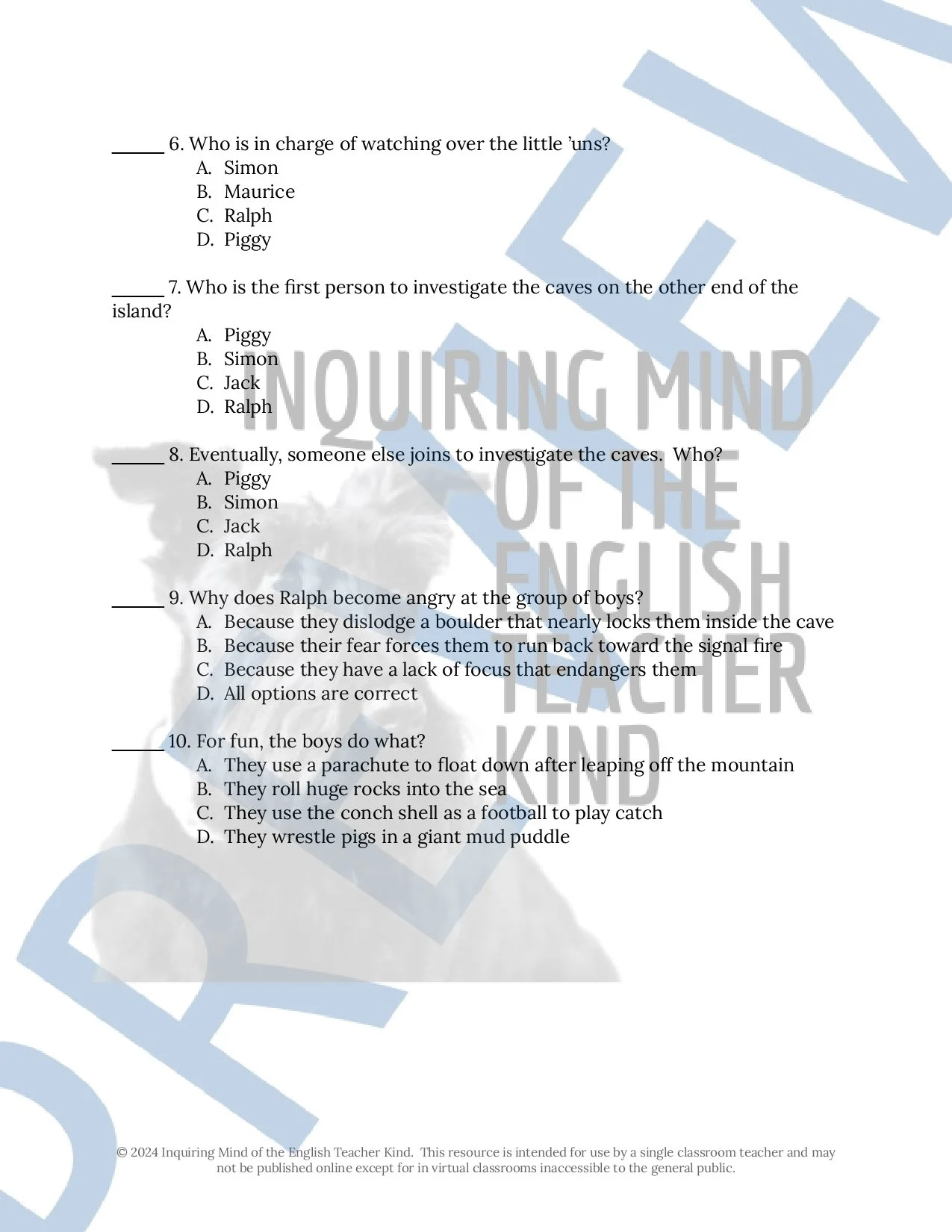 Lord of the Flies Chapter 6 Quiz, Close Reading, and Vocabulary ...