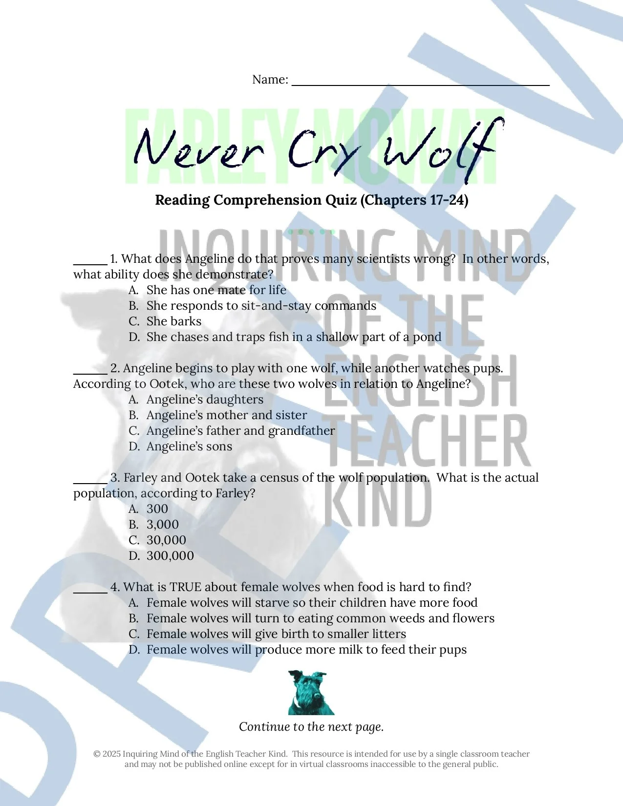 Never Cry Wolf by Farley Mowat Quiz and Answer Key Bundle for High ...