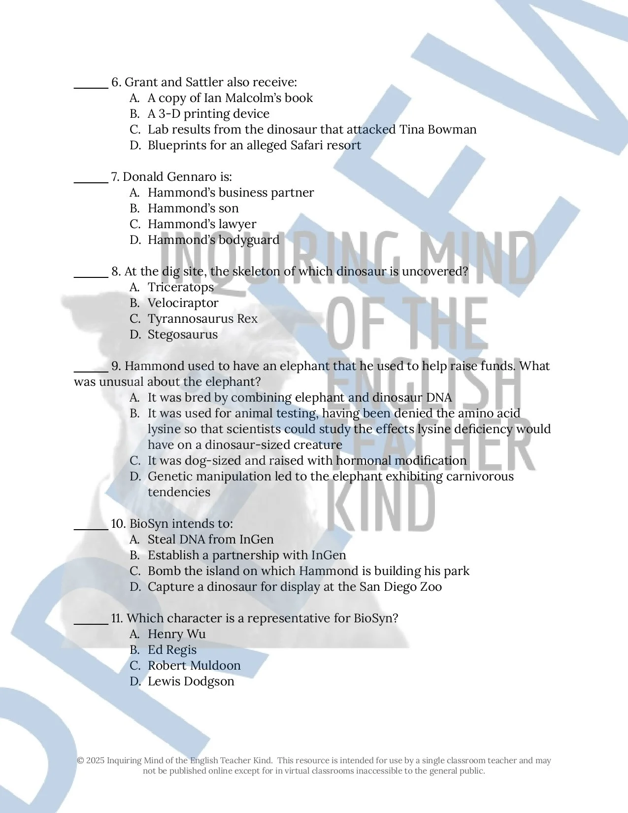 Jurassic Park by Michael Crichton Second Iteration Quiz, Analysis ...