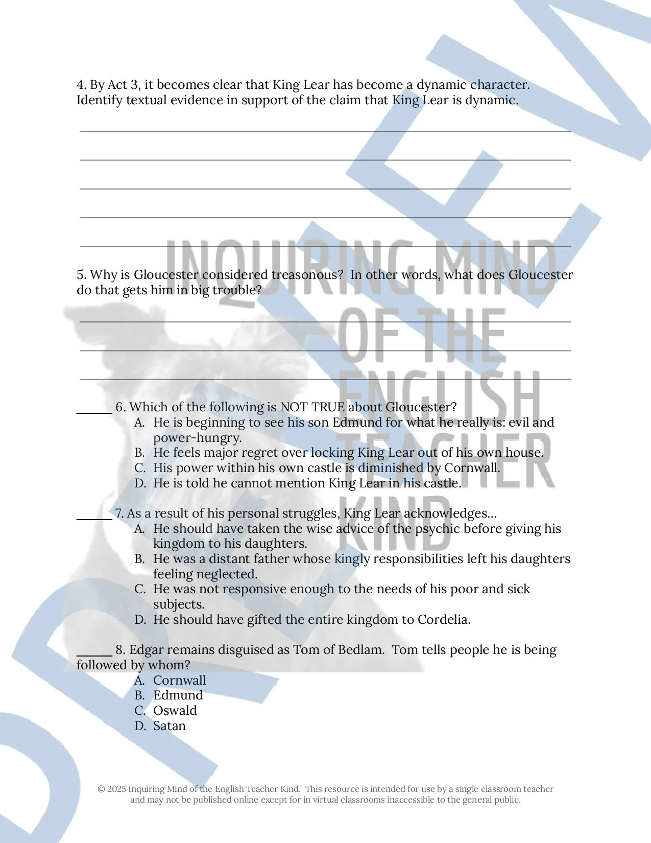 King Lear Quiz Bundle with Answer Keys — Inquiring Mind of the English ...