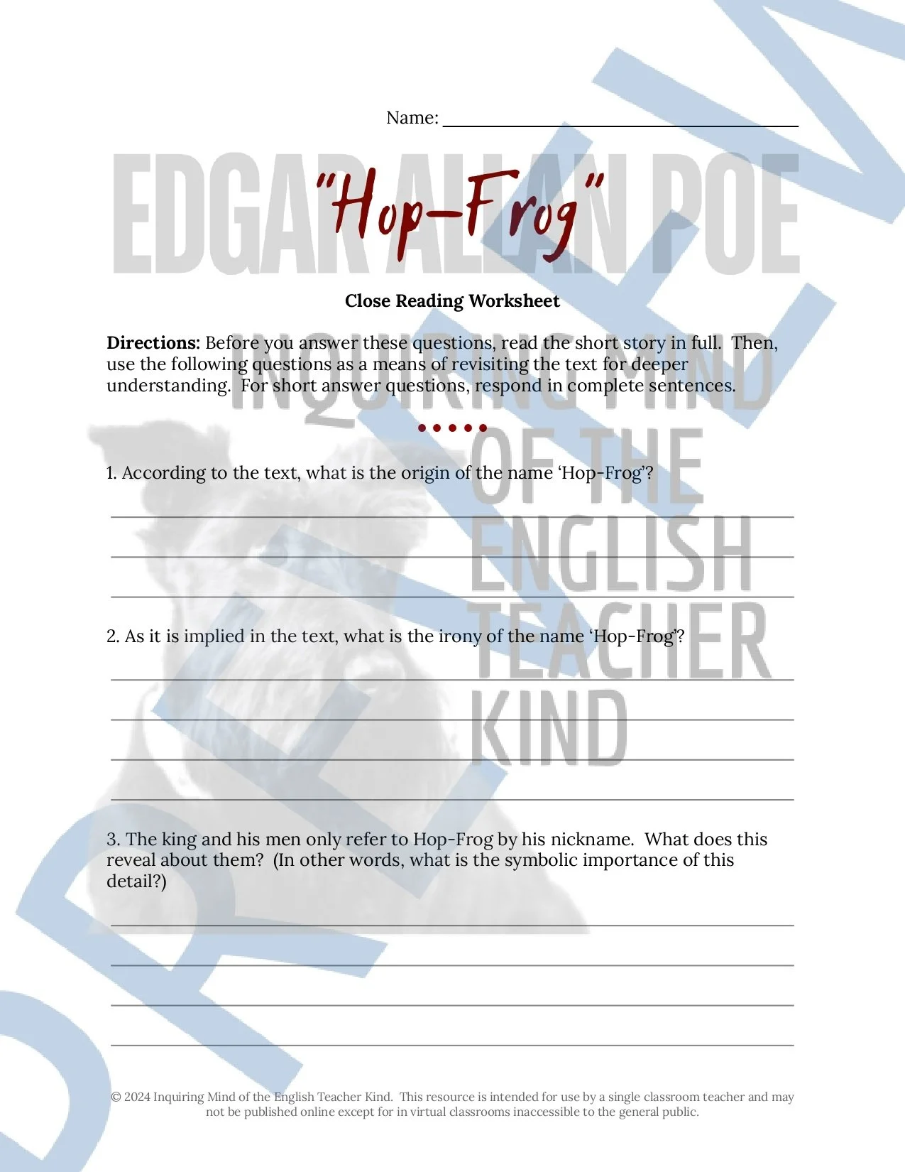 "Hop Frog" by Edgar Allan Poe Quiz, Close Reading Worksheets, and ...