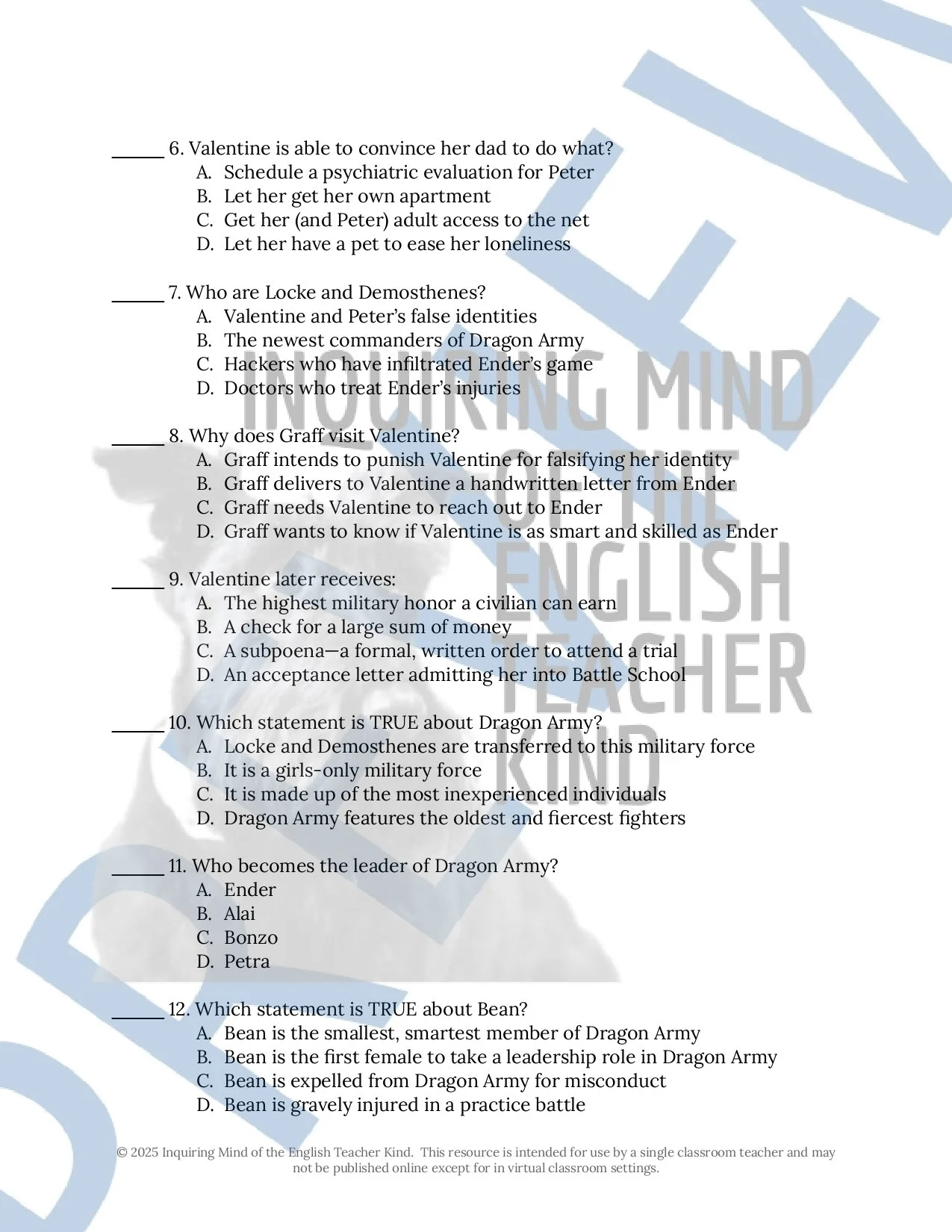 Ender's Game Quiz and Answer Key Bundle — Inquiring Mind of the English ...