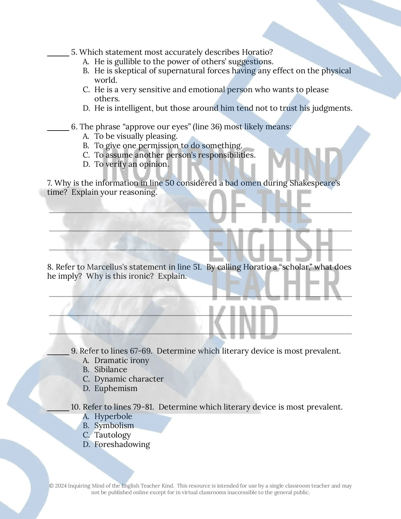 Hamlet Act 1 Quiz, Close Reading Worksheets, and Vocabulary Games ...