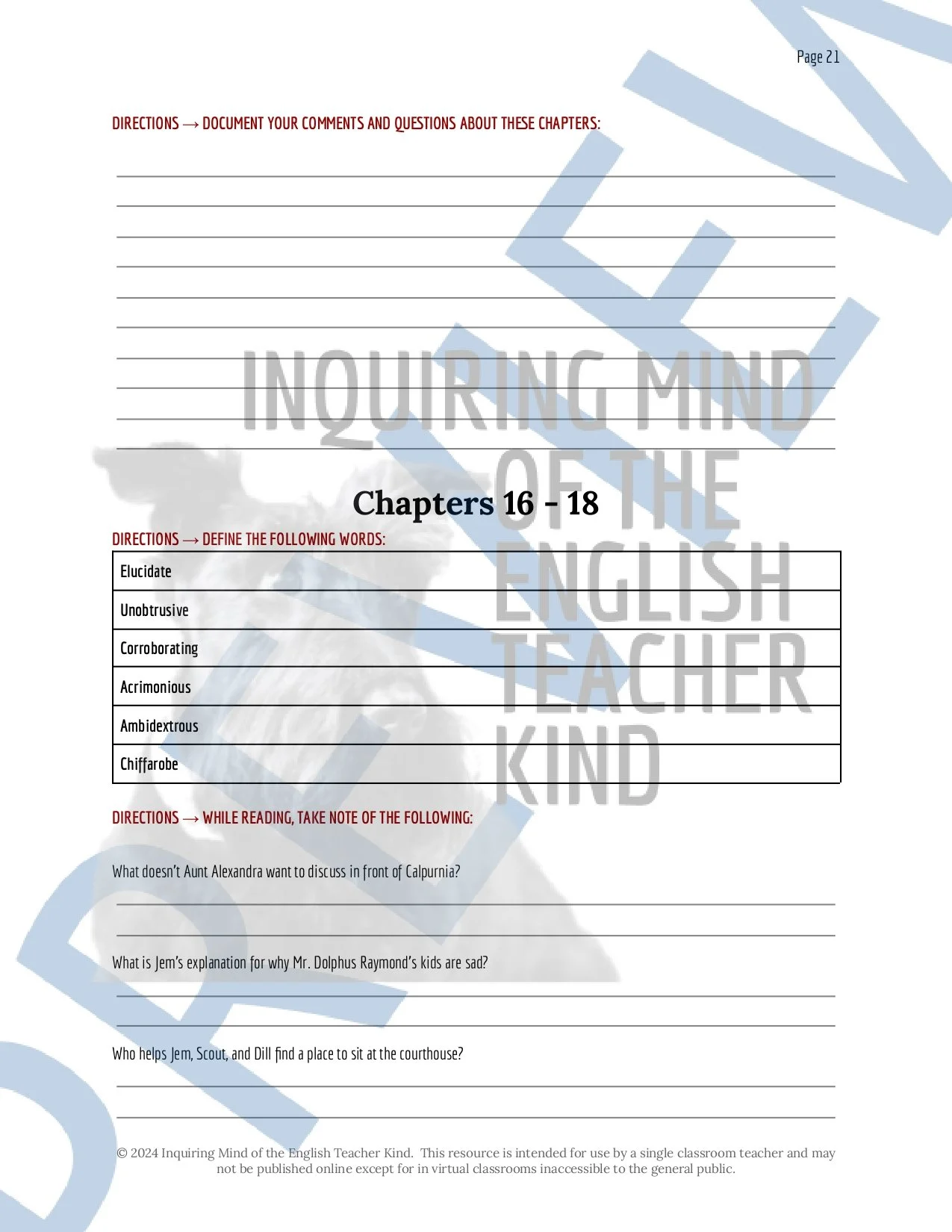 To Kill a Mockingbird Novel Study Guide with Answer Key for High School ...