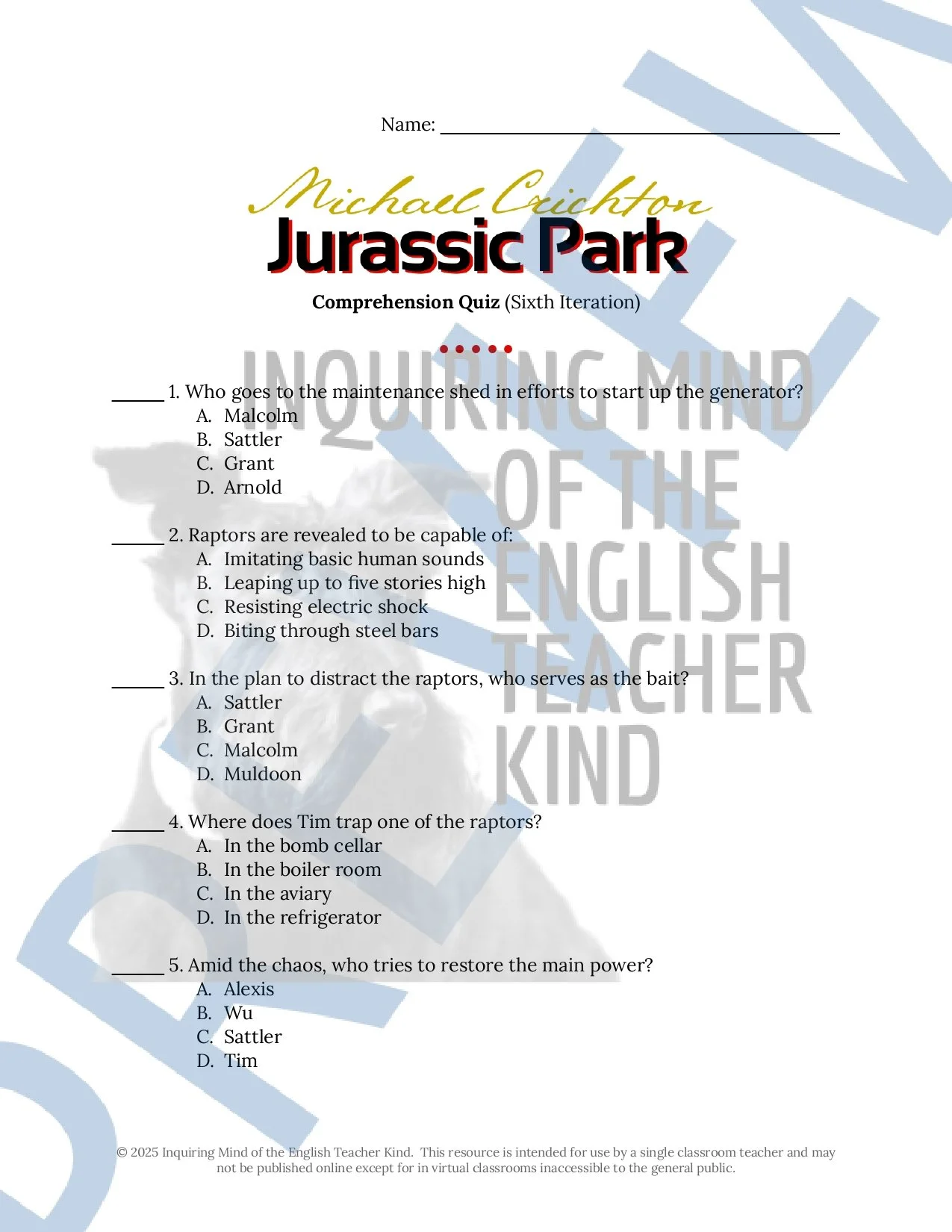 Jurassic Park Quizzes, Analysis Worksheets, Vocabulary Games, Project ...