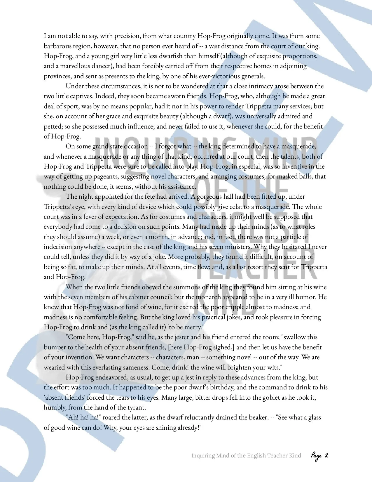 "Hop Frog" by Edgar Allan Poe Quiz, Close Reading Worksheets, and ...