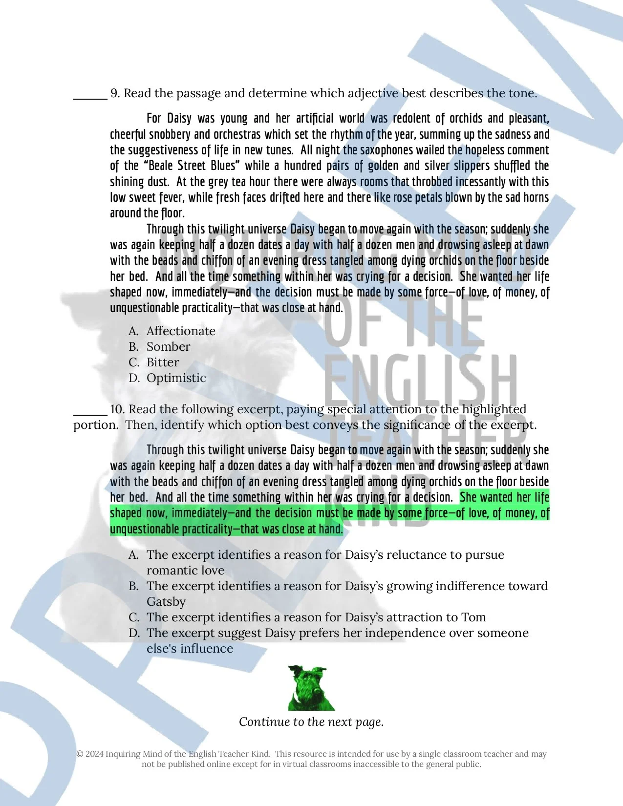 The Great Gatsby by F. Scott Fitzgerald Chapter 8 Quiz, Inference ...