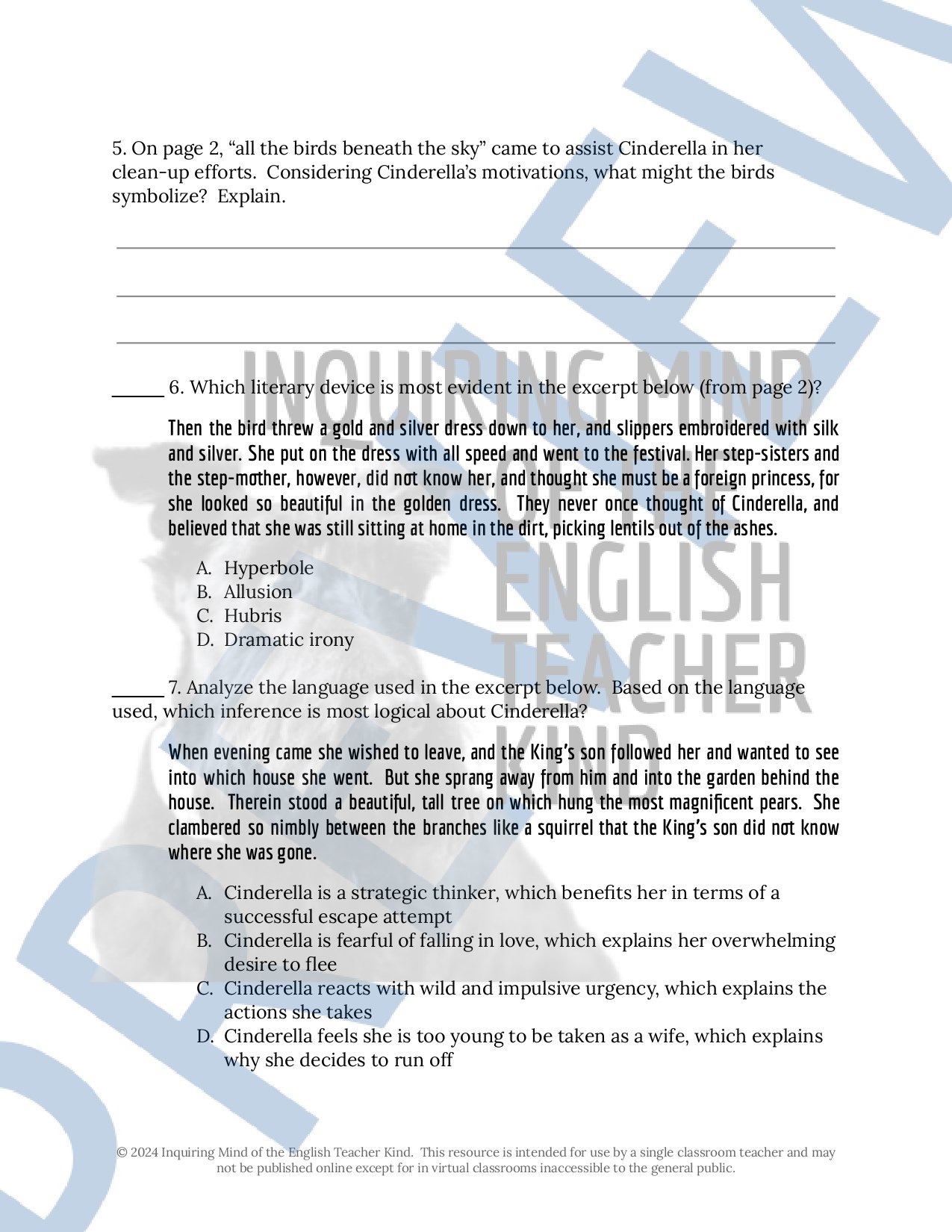 "Cinderella" by the Brothers Grimm Quiz, Close Reading, and Vocabulary ...