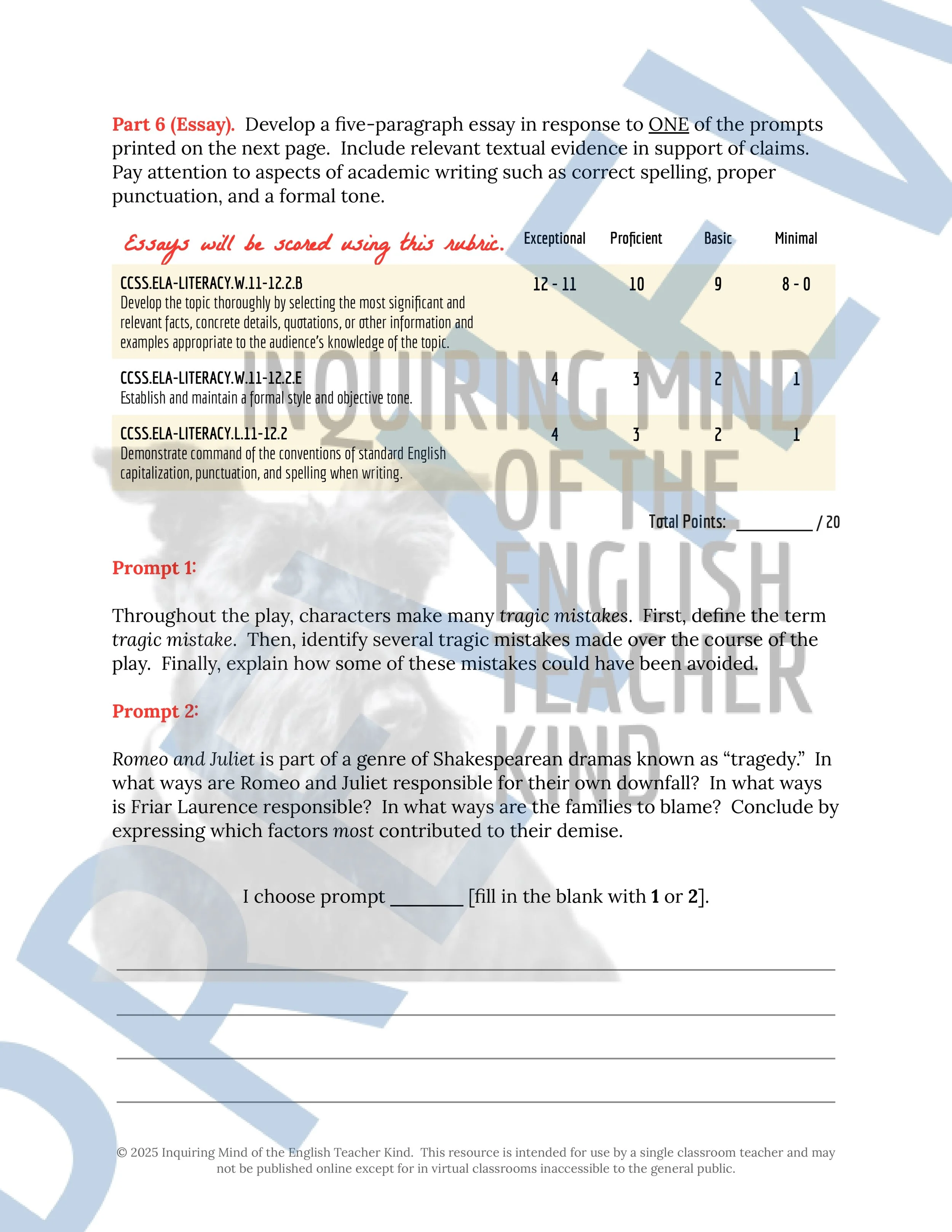 The Tragedy of Romeo and Juliet Test and Answer Key with Study Guide ...