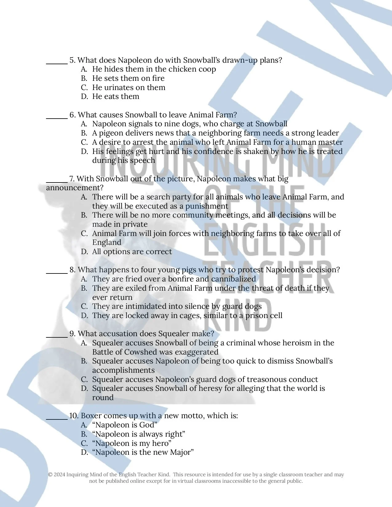 Animal Farm by George Orwell Quiz and Answer Key Bundle — Inquiring ...