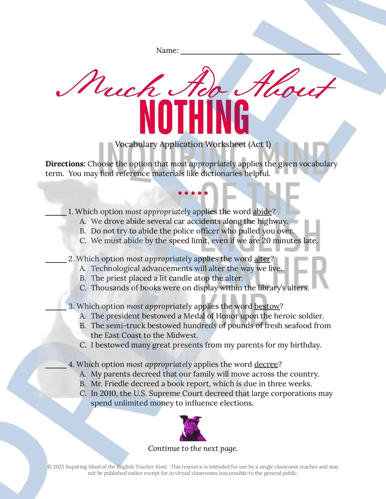 Much Ado About Nothing Act 1 Quiz, Close Readings, and Vocabulary Games ...