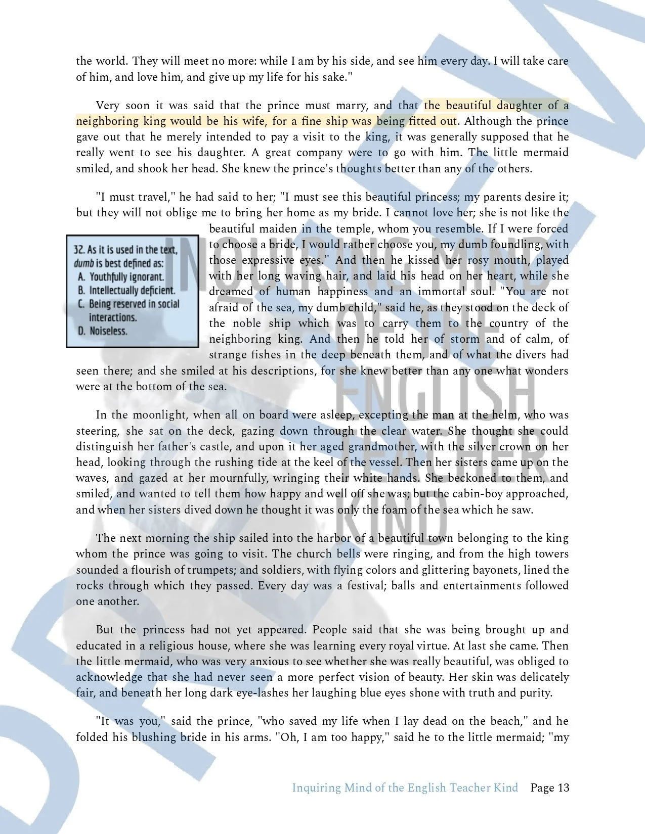 "The Little Mermaid" Quiz, Close Reading Activities, and Vocabulary ...