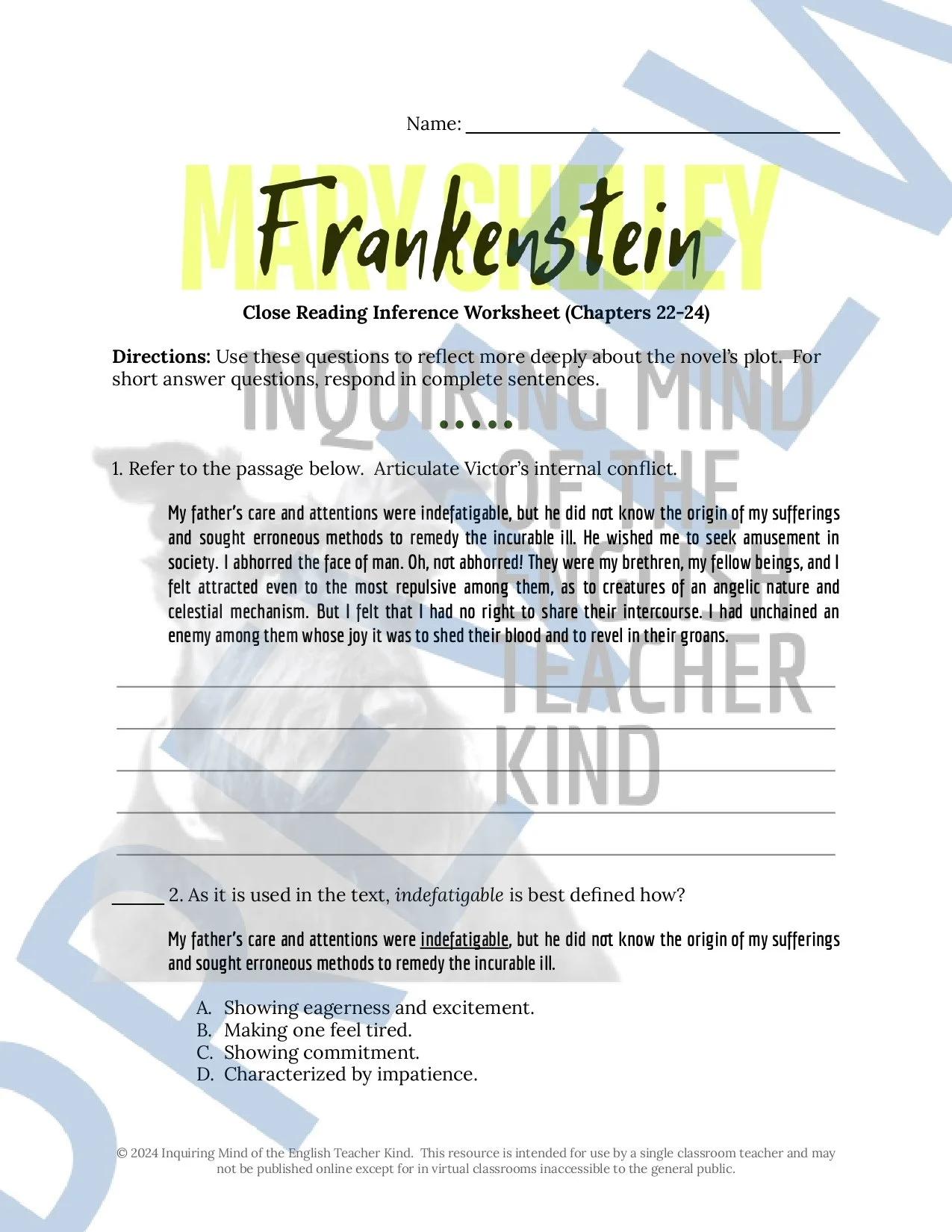 Frankenstein by Mary Shelley Close Reading Analysis Worksheets Bundle ...