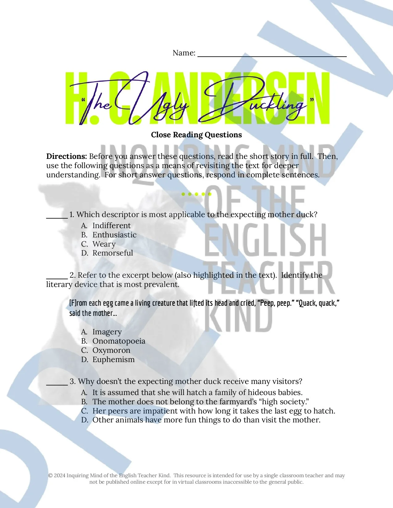 "The Ugly Duckling" Quiz, Close Reading Worksheet, and Vocabulary Games ...