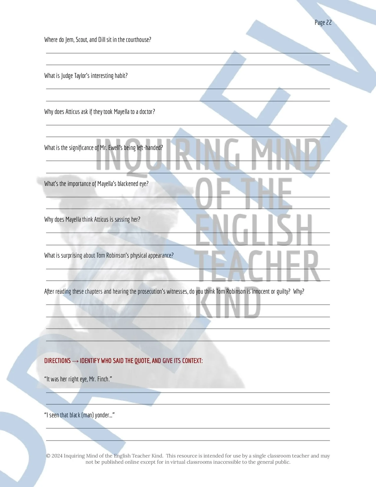 To Kill a Mockingbird Novel Study Guide with Answer Key for High School ...