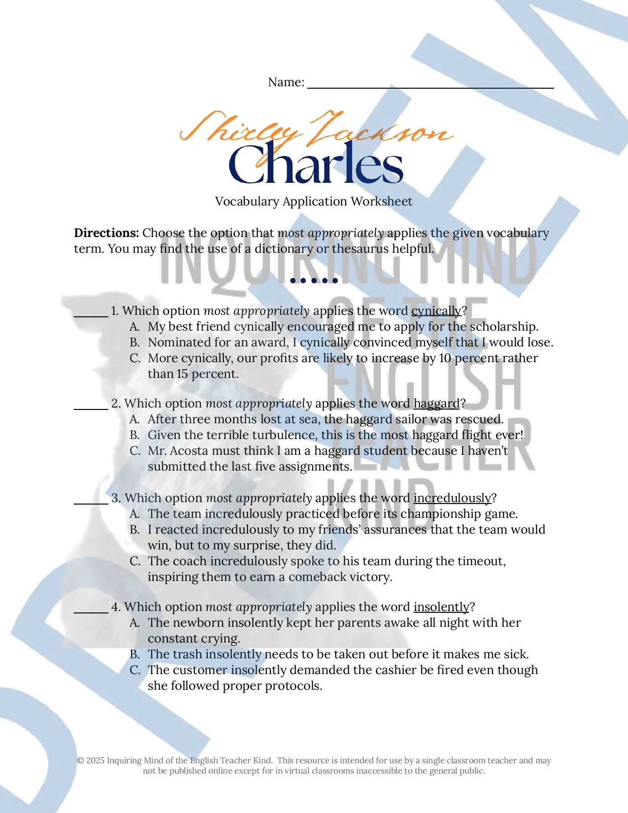 "Charles" by Shirley Jackson Quiz, Close Reading, and Vocabulary Games ...