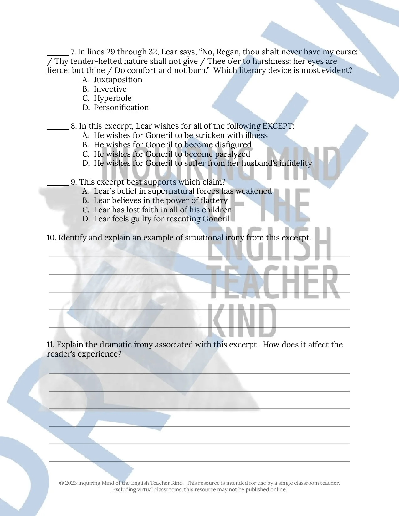 King Lear Act 2 Quiz and Close Reading Analysis Worksheets Bundle for ...