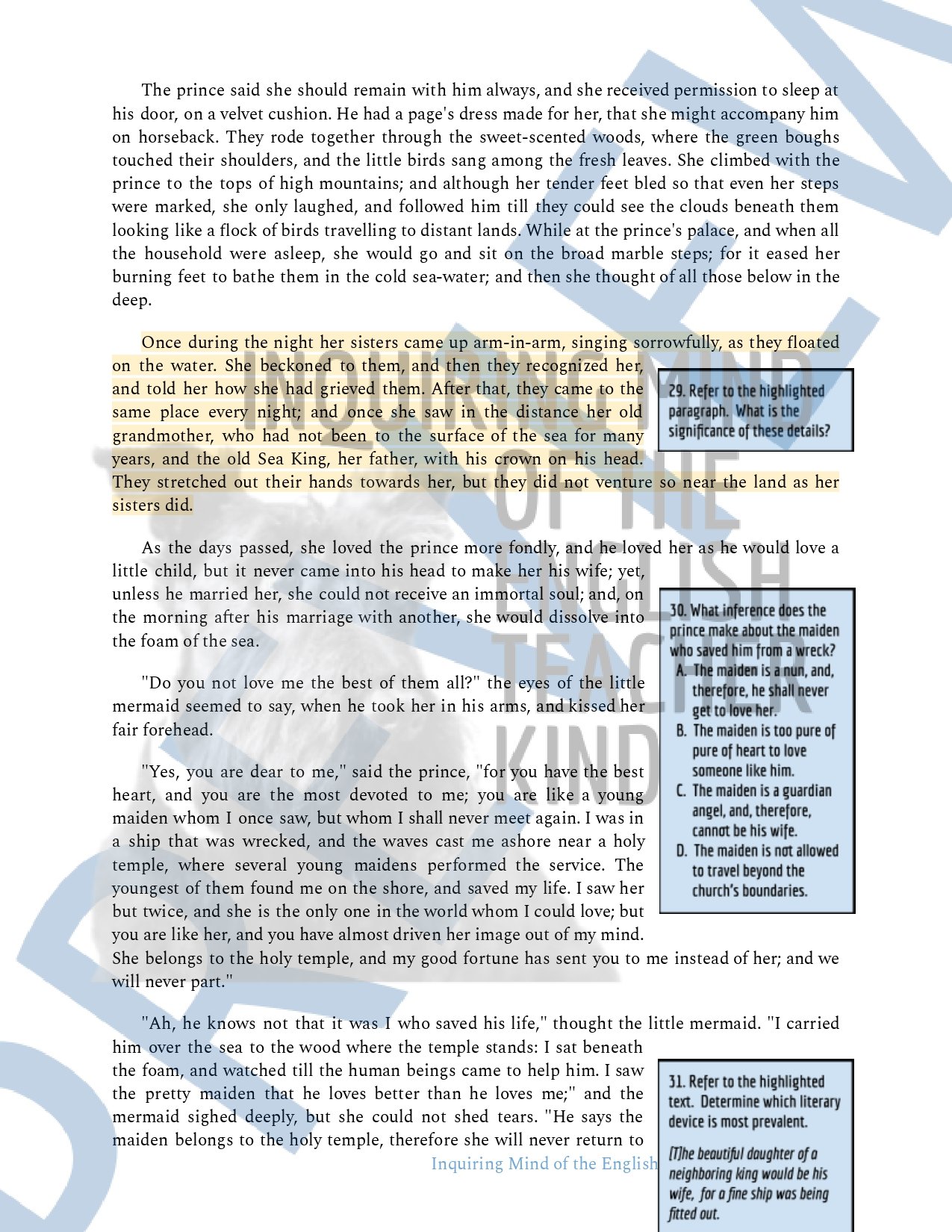 "The Little Mermaid" Quiz, Close Reading Activities, and Vocabulary ...