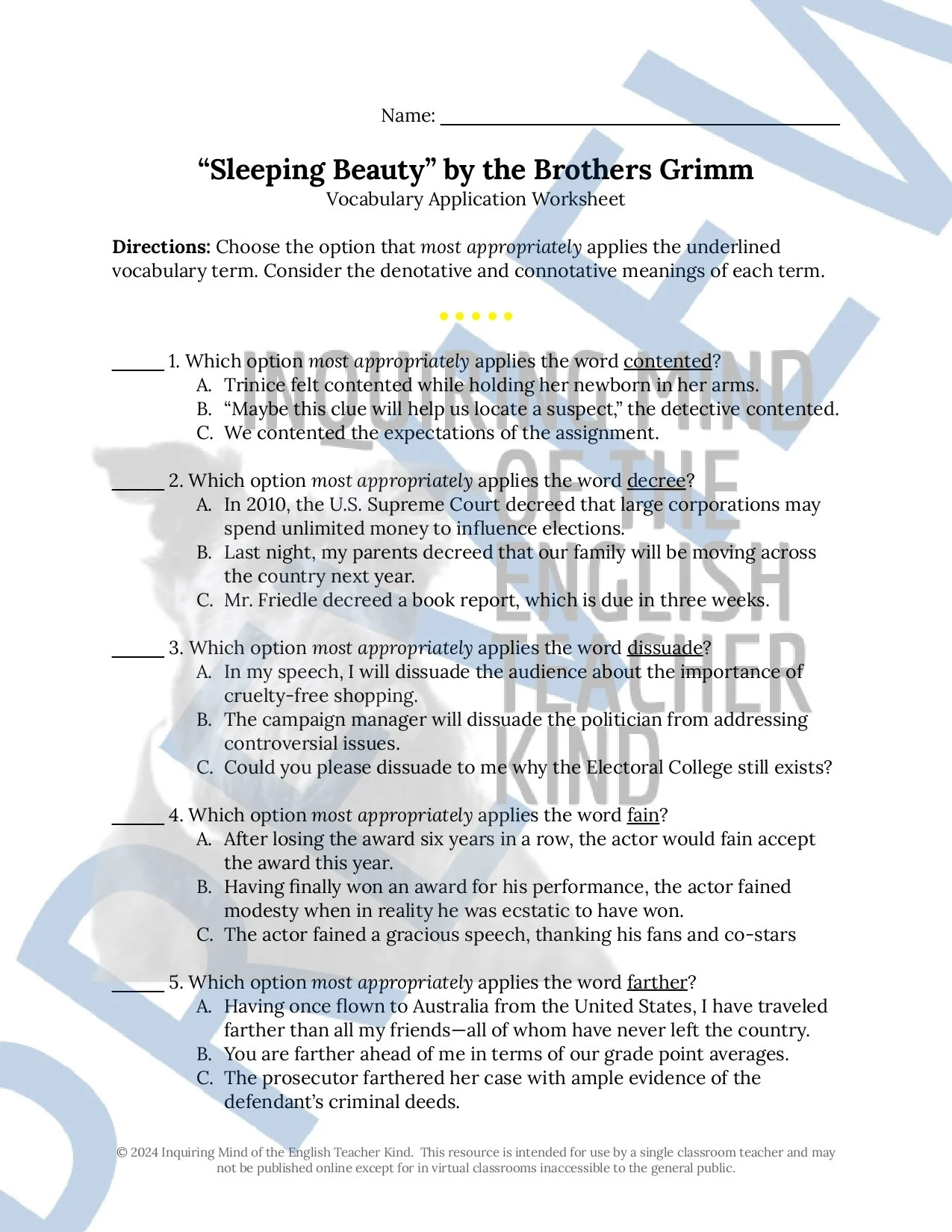 "Sleeping Beauty" by the Brothers Grimm Quiz, Close Reading, and ...