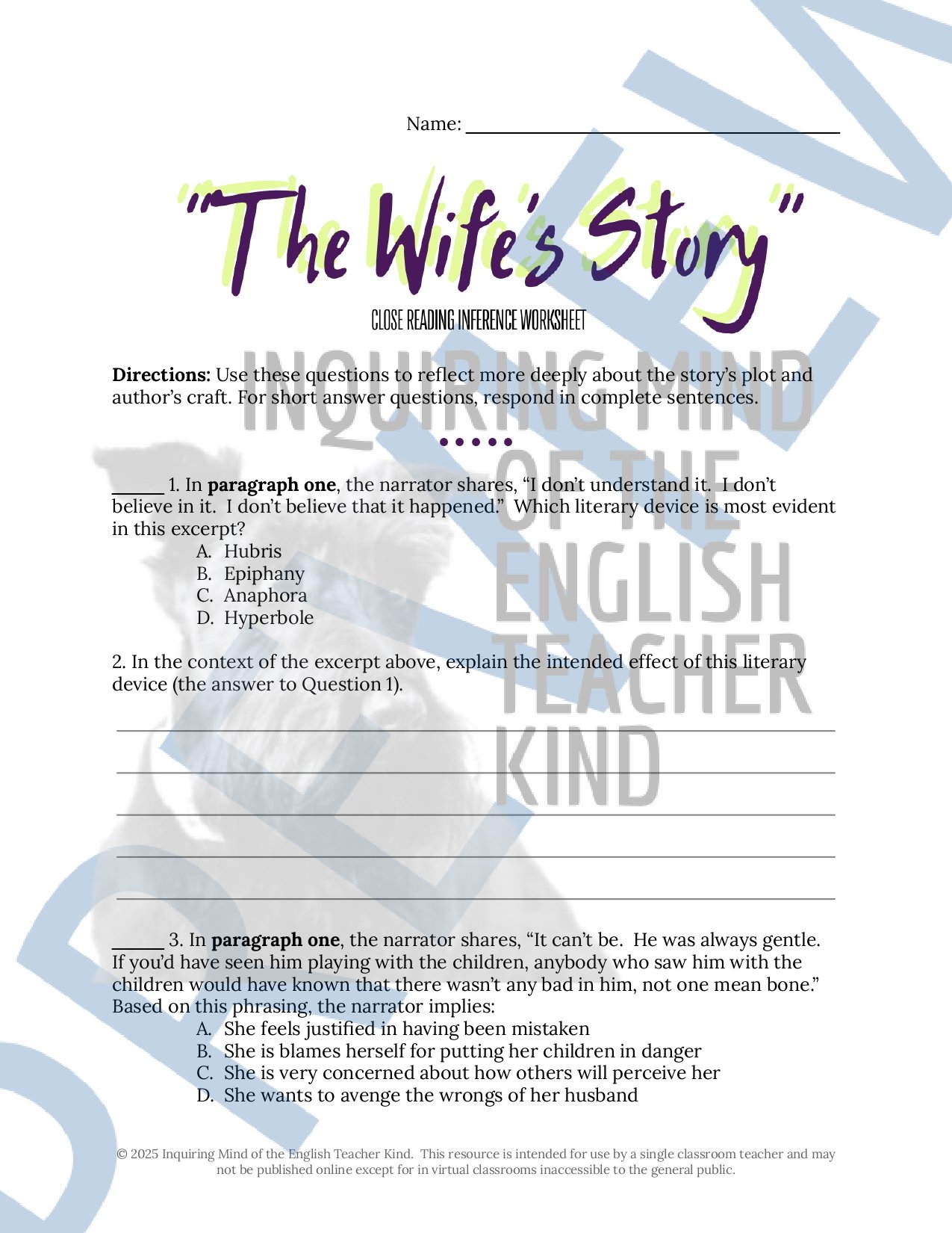 "The Wife's Story" by Ursula K. Le Guin Quiz and Close Reading ...