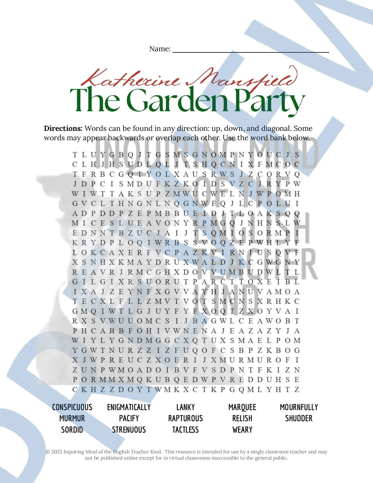"The Garden Party" by Katherine Mansfield Quiz, Close Reading, and ...