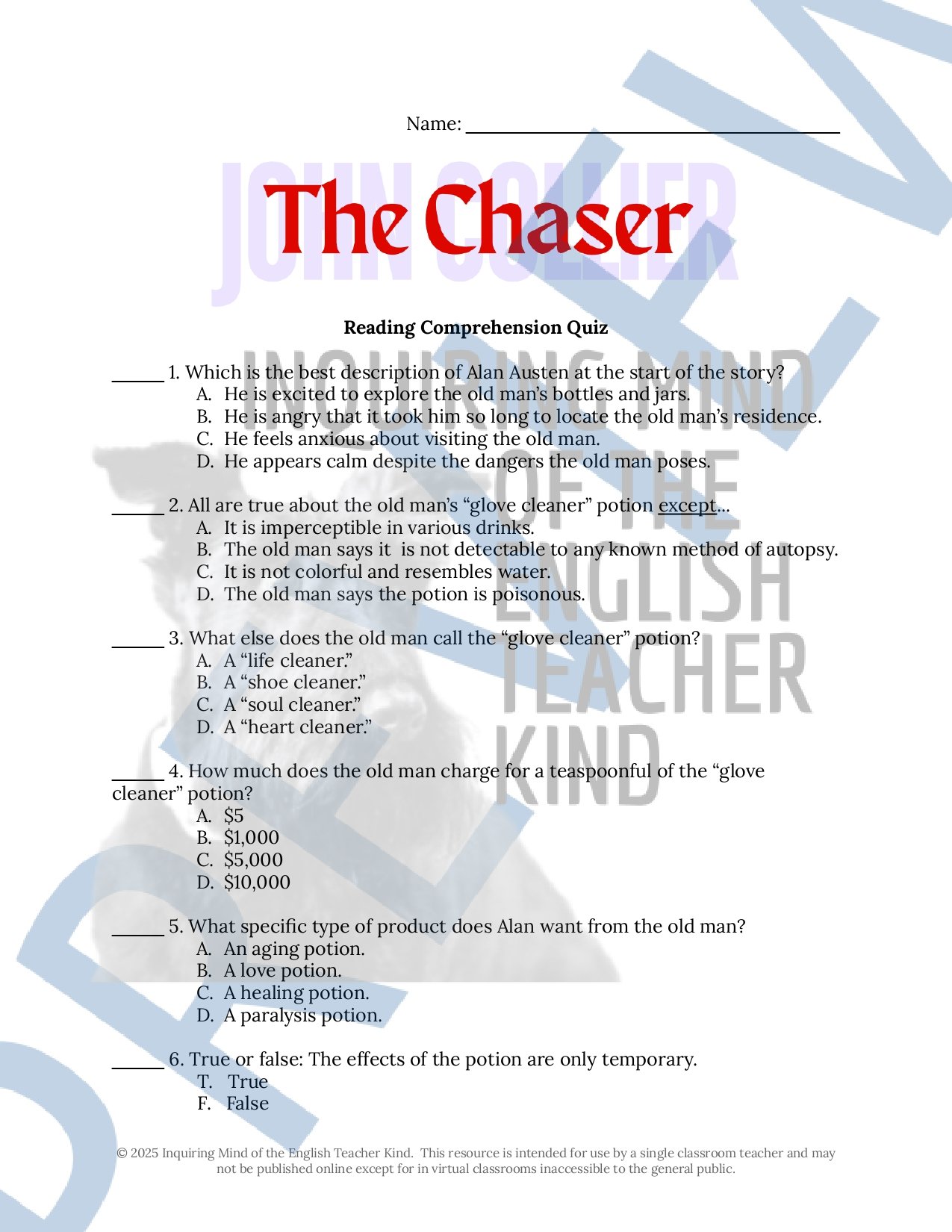 "The Chaser" by John Collier Quiz, Close Reading, and Vocabulary Games ...