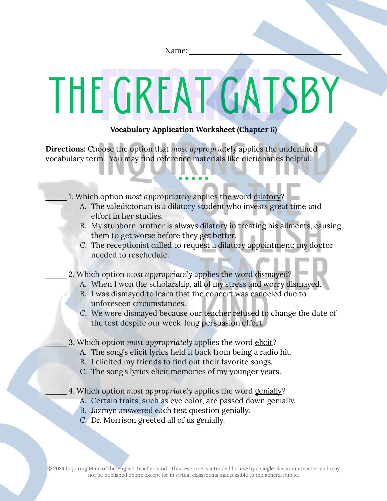 The Great Gatsby by F. Scott Fitzgerald Chapter 6 Quiz, Inference ...