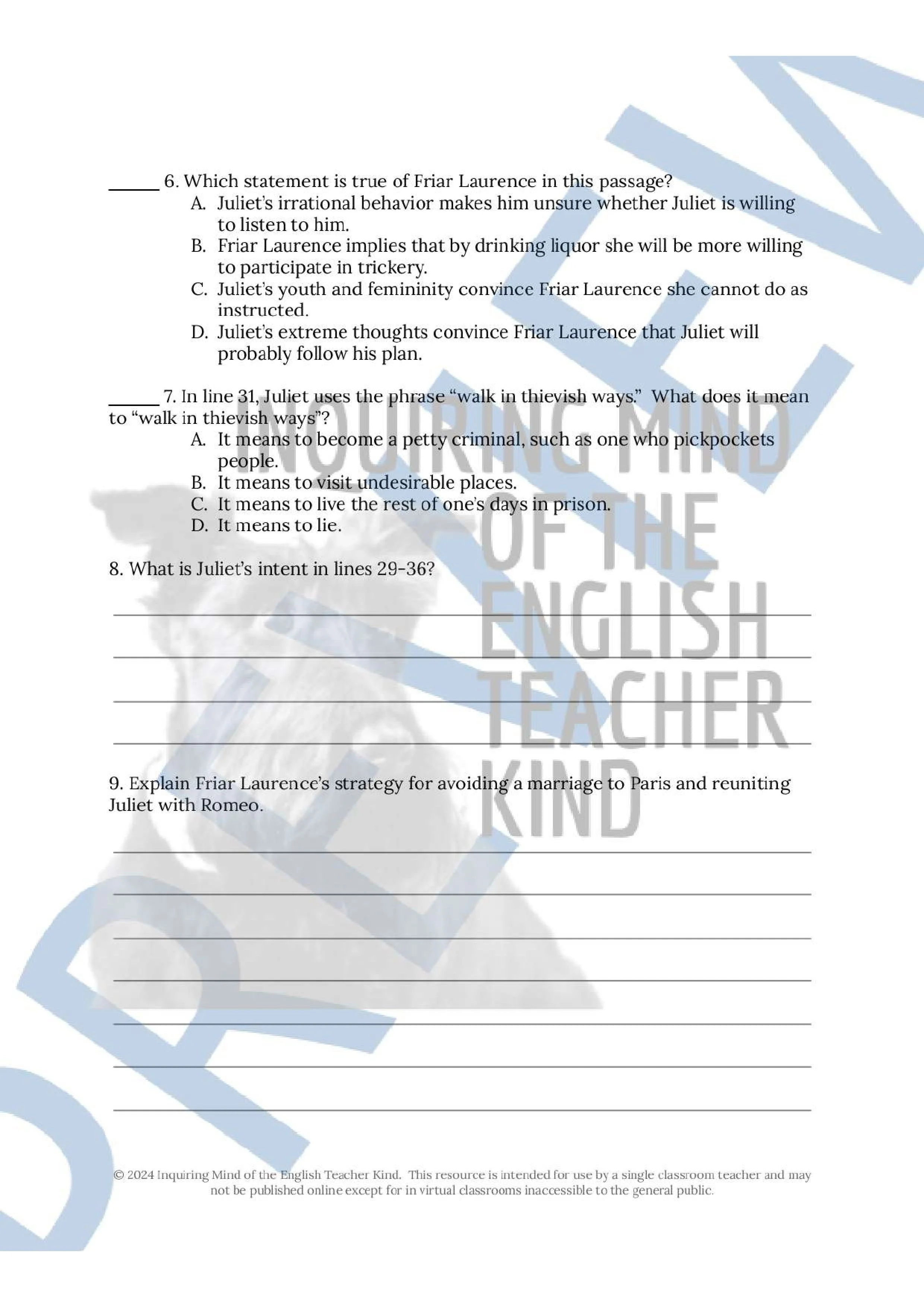 Romeo and Juliet Close Reading Analysis Worksheets Bundle with Answer ...