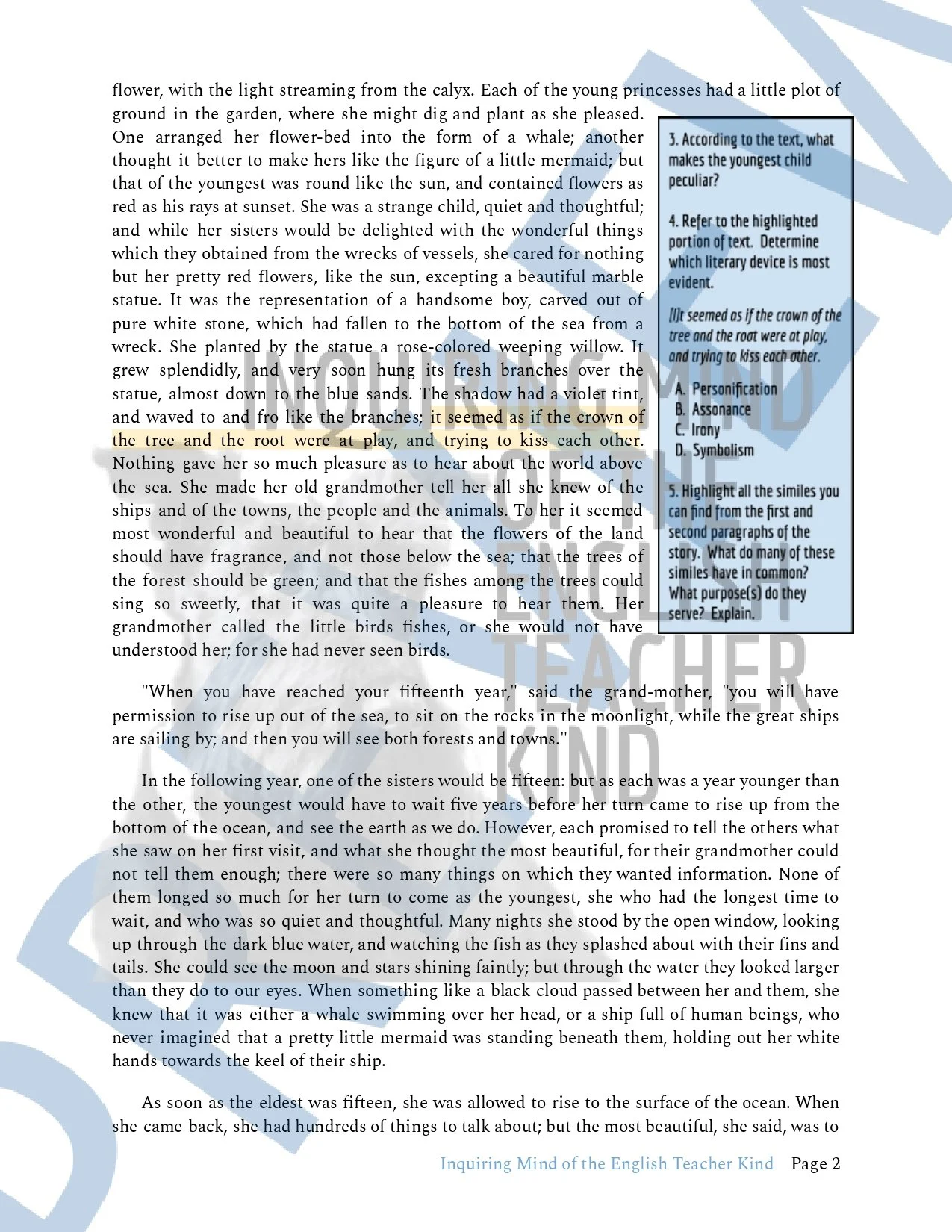 "The Little Mermaid" Quiz, Close Reading Activities, and Vocabulary ...