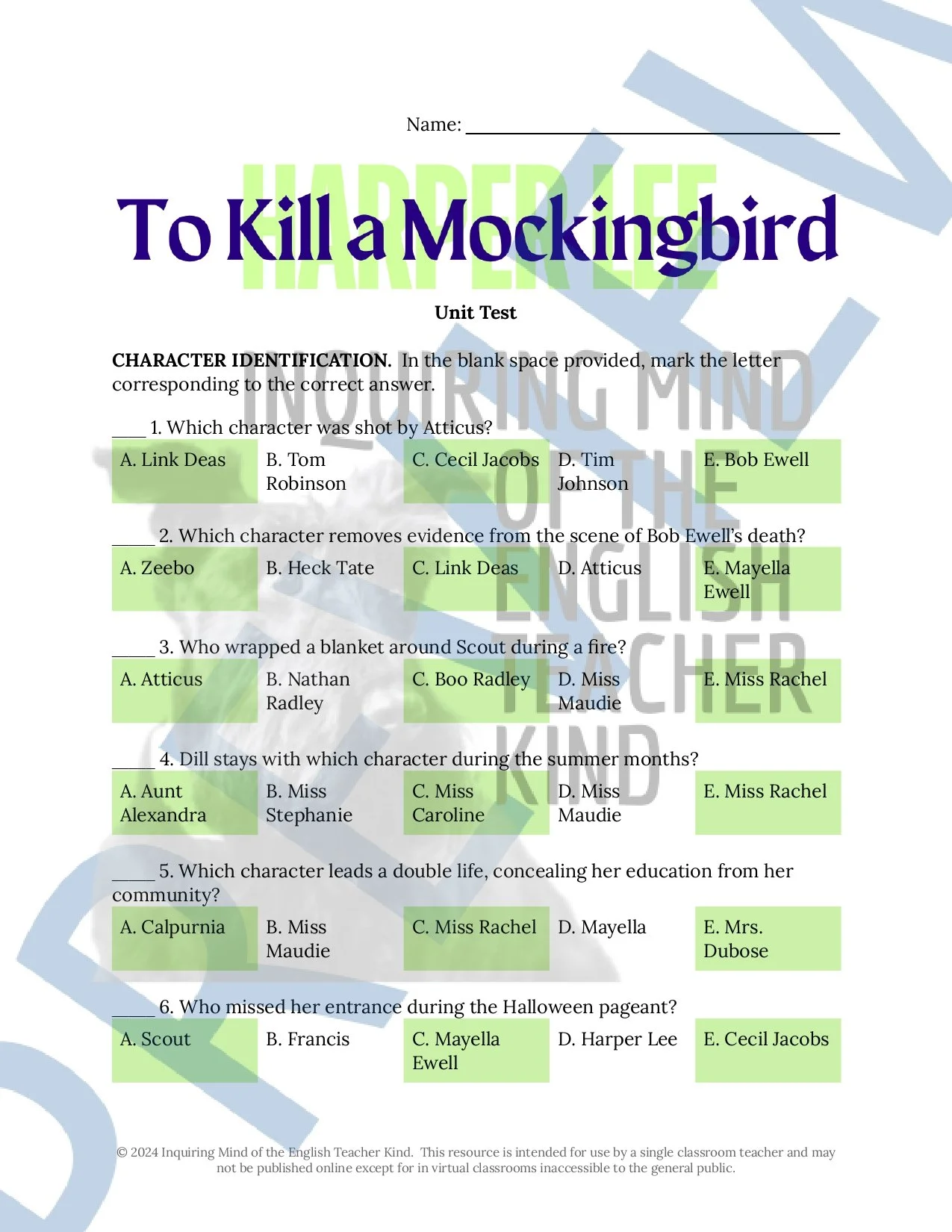 To Kill a Mockingbird Test and Answer Key with Study Guide for High ...