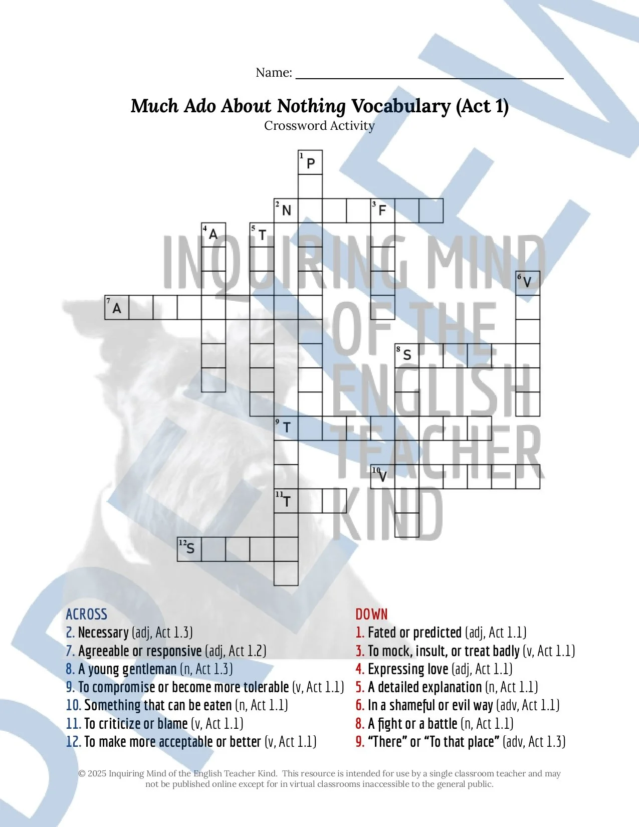 Much Ado About Nothing Act 1 Quiz, Close Readings, and Vocabulary Games ...