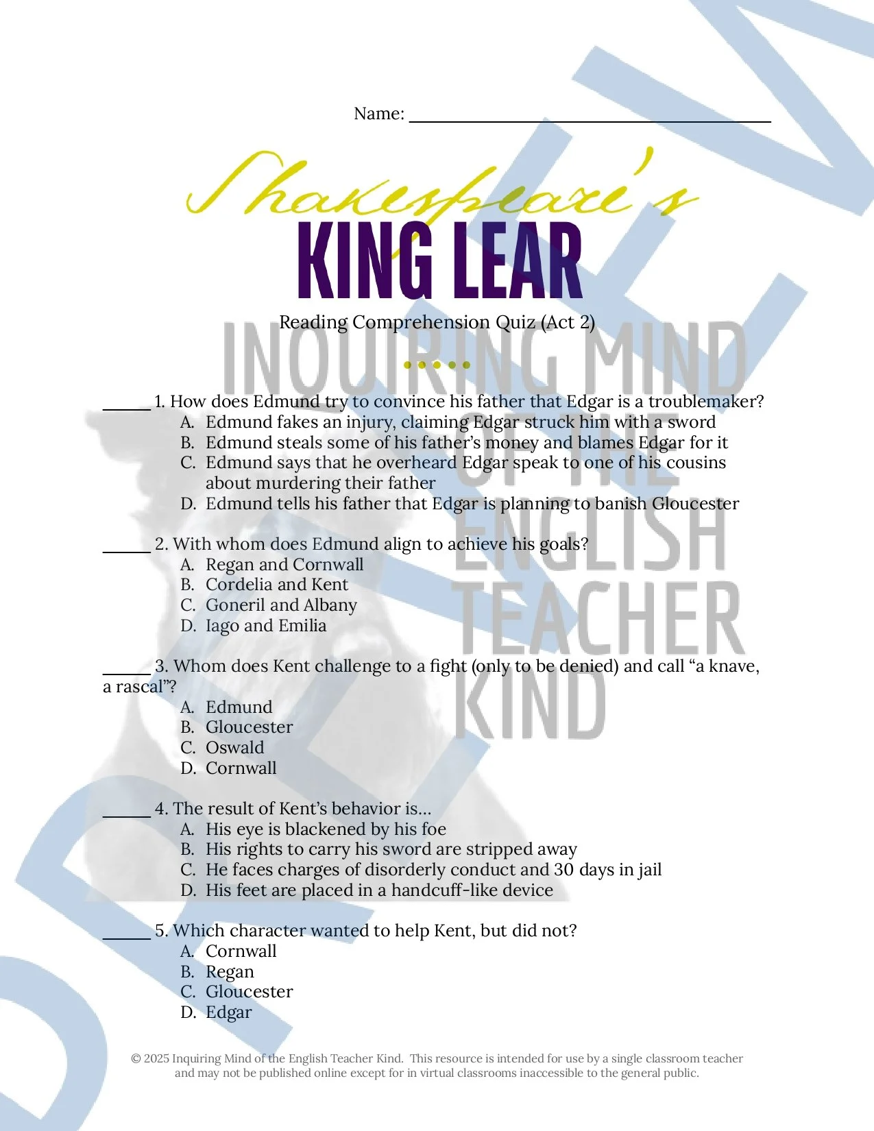 King Lear Quizzes, Vocabulary Games, Inference Worksheets, Test, and ...