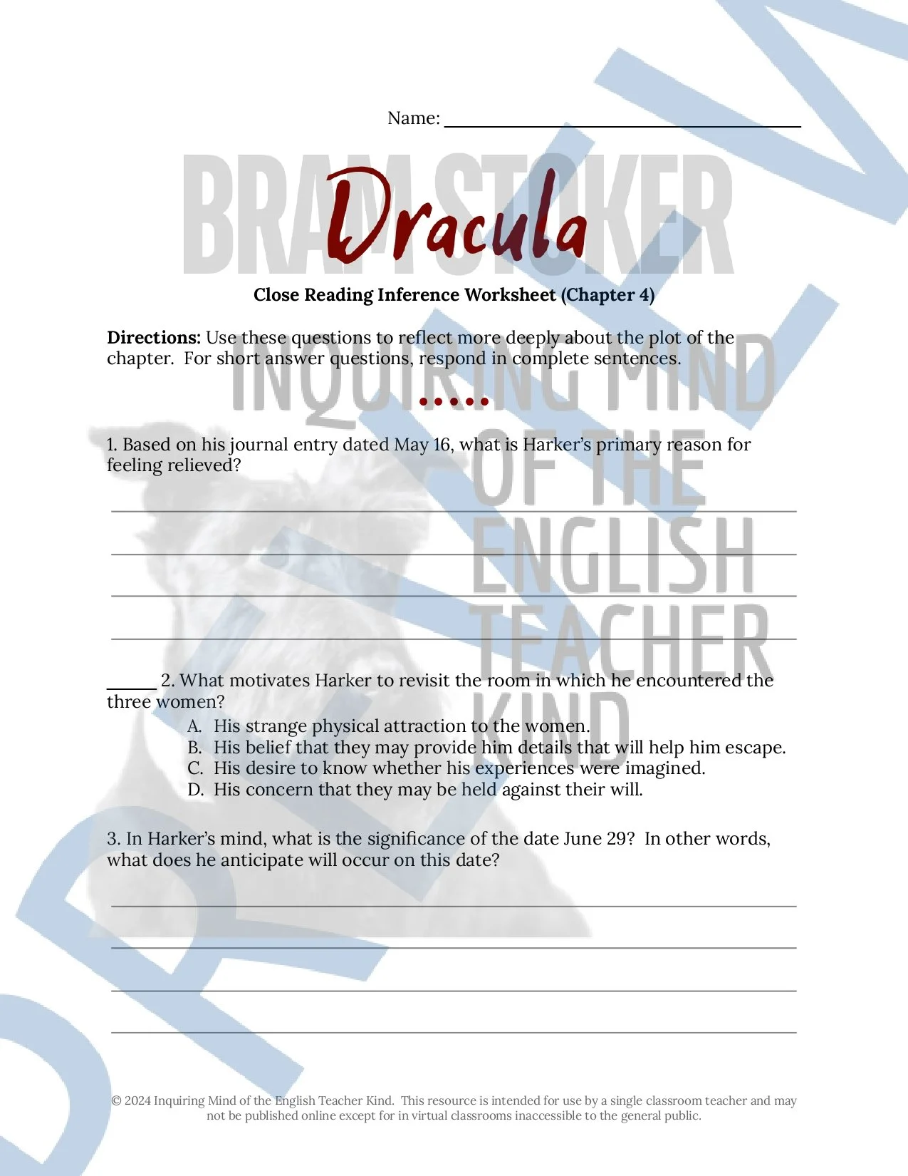 Dracula by Bram Stoker Chapters 1-4 Quiz, Close Reading Worksheets, and ...