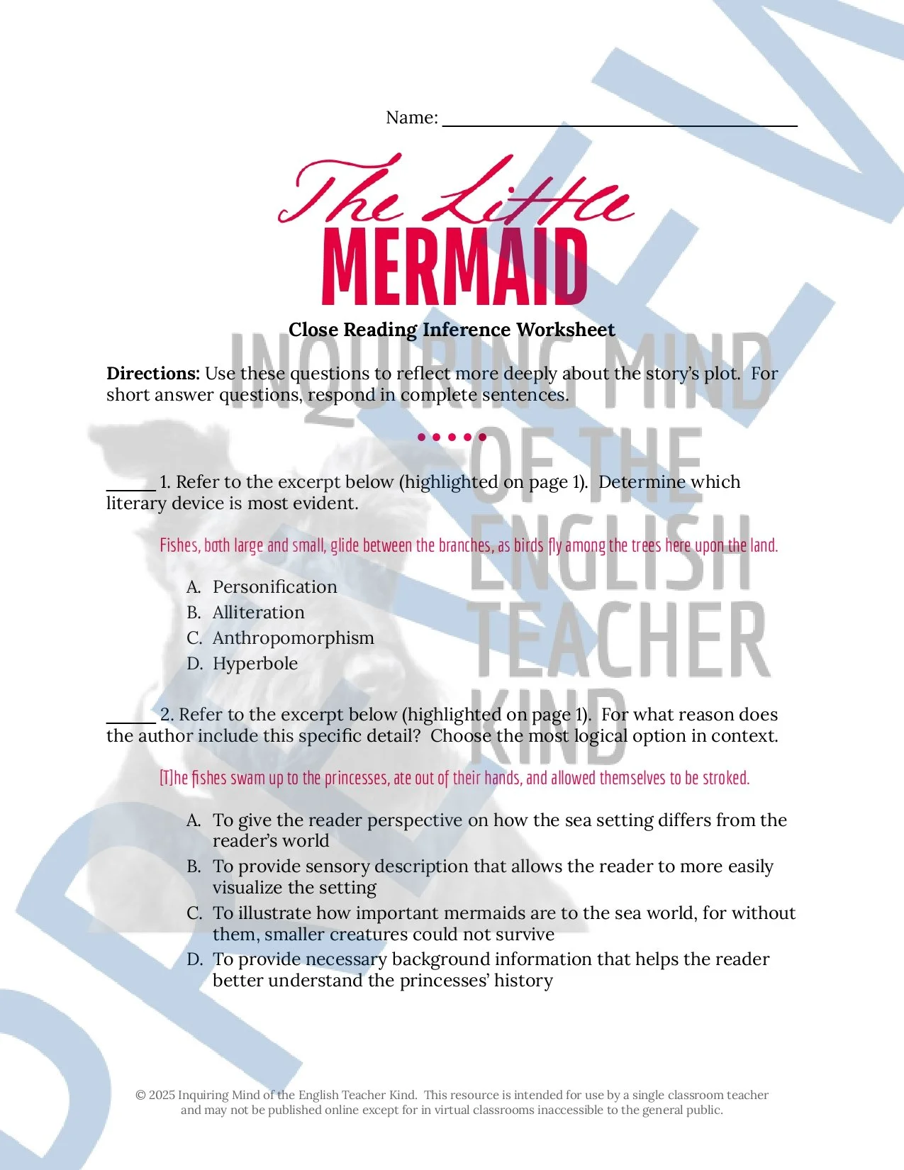 "The Little Mermaid" Quiz, Close Reading Activities, and Vocabulary ...
