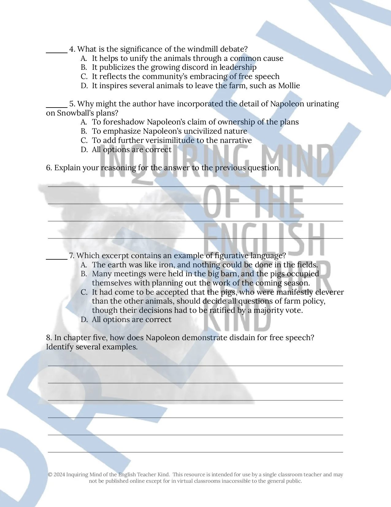 Animal Farm Chapter 5 Quiz, Close Reading Inference Worksheet, and ...