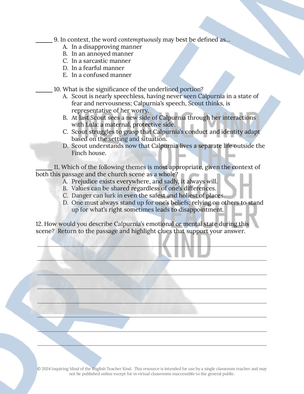 To Kill a Mockingbird Chapters 12 and 13 Quizzes, Inference Worksheets ...