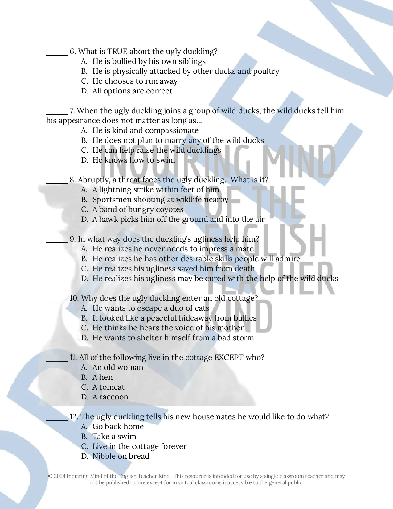 "The Ugly Duckling" Quiz, Close Reading Worksheet, and Vocabulary Games ...