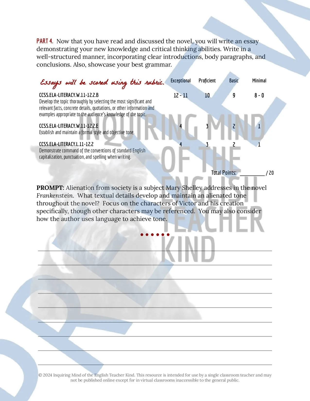 Frankenstein by Mary Shelley Test and Answer Key for High School ...